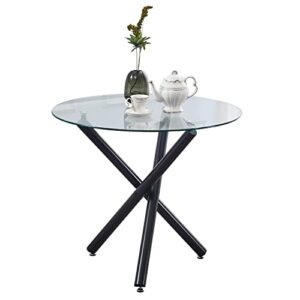 rooiome round tempered glass dining table with tripod legs, contemporary round glass dining table for restaurant, weather resistant round kitchen table glass