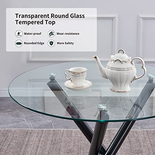 ROOIOME Round Tempered Glass Dining Table with Tripod Legs, Contemporary Round Glass Dining Table for Restaurant, Weather Resistant Round Kitchen Table Glass