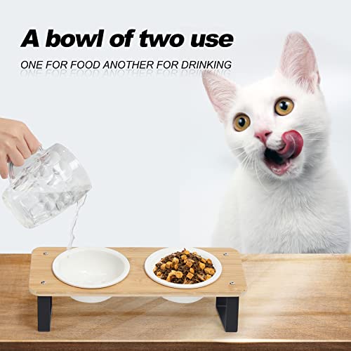 Elevated Cat Food Bowl, Ceramic Cat Bowls with Stand 15° Tilted Raised Cat Bowl for Food and Water Bamboo Cat Feeding Station Elevated Cat Bowl with 5.1 inch Diameter for Cats and Puppy (Ceramic Bowl)