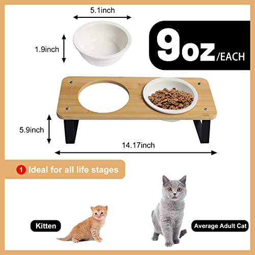 Elevated Cat Food Bowl, Ceramic Cat Bowls with Stand 15° Tilted Raised Cat Bowl for Food and Water Bamboo Cat Feeding Station Elevated Cat Bowl with 5.1 inch Diameter for Cats and Puppy (Ceramic Bowl)