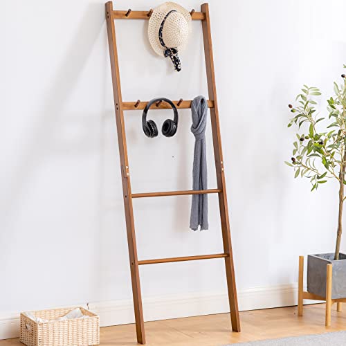 Blanket Ladder for Living Room, Farmhouse Wall Leaning Bamboo Wooden Towel Racks for Bathroom,Towel Ladder Shelf,Decorative Quilt Display Rack Blanket Holder with 8 Hooks (Large,5 ft,Dark Brown)