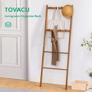 Blanket Ladder for Living Room, Farmhouse Wall Leaning Bamboo Wooden Towel Racks for Bathroom,Towel Ladder Shelf,Decorative Quilt Display Rack Blanket Holder with 8 Hooks (Large,5 ft,Dark Brown)