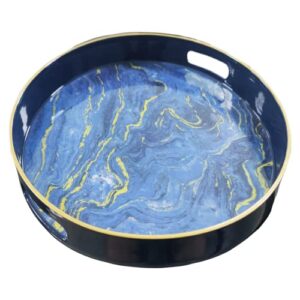 decorative trays with handles round serving breakfast trays 13” for home mini coffee bars table ottoman livingroom bathroom (dark blue)