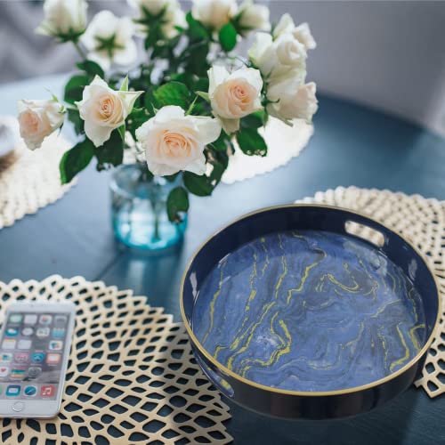 Decorative Trays with Handles Round Serving Breakfast Trays 13” for Home Mini Coffee Bars Table Ottoman Livingroom Bathroom (Dark Blue)