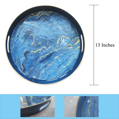 Decorative Trays with Handles Round Serving Breakfast Trays 13” for Home Mini Coffee Bars Table Ottoman Livingroom Bathroom (Dark Blue)