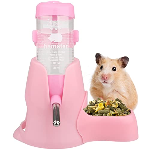 Hamster Water Bottle, [3 in 1-2.7oz] Diyife Guinea Pig Water Bottle No Drip, 80ml Small Animal Auto Dispenser with Food Container Base for Hamster Bunny Chinchilla Squirrel, Small Pets (Pink)