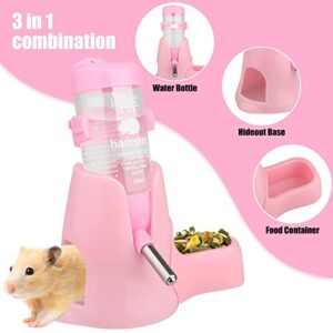 Hamster Water Bottle, [3 in 1-2.7oz] Diyife Guinea Pig Water Bottle No Drip, 80ml Small Animal Auto Dispenser with Food Container Base for Hamster Bunny Chinchilla Squirrel, Small Pets (Pink)