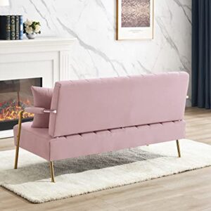 Yoluckea Loveseat Sofa Small Couch, Upholstered Love Seats Furniture with Two Throw Pillows and Golden Metal Legs Suitable for Small Spaces (Pink)