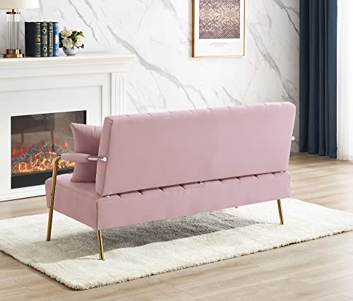 Yoluckea Loveseat Sofa Small Couch, Upholstered Love Seats Furniture with Two Throw Pillows and Golden Metal Legs Suitable for Small Spaces (Pink)