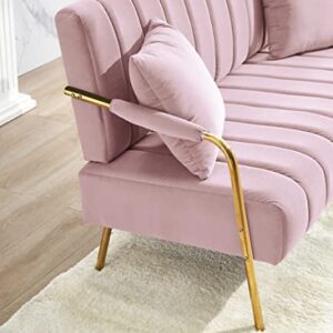 Yoluckea Loveseat Sofa Small Couch, Upholstered Love Seats Furniture with Two Throw Pillows and Golden Metal Legs Suitable for Small Spaces (Pink)