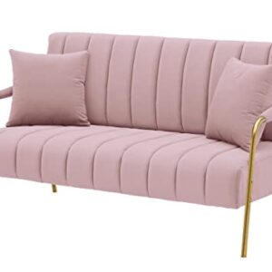 Yoluckea Loveseat Sofa Small Couch, Upholstered Love Seats Furniture with Two Throw Pillows and Golden Metal Legs Suitable for Small Spaces (Pink)