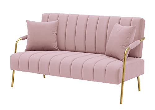 Yoluckea Loveseat Sofa Small Couch, Upholstered Love Seats Furniture with Two Throw Pillows and Golden Metal Legs Suitable for Small Spaces (Pink)