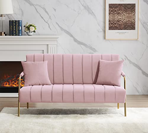 Yoluckea Loveseat Sofa Small Couch, Upholstered Love Seats Furniture with Two Throw Pillows and Golden Metal Legs Suitable for Small Spaces (Pink)