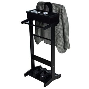 sardoxx valet stand for man, father's day gift, black wood suit valet stand, clothes stand with top tray, shoe rack, lidded storage, used in entryway office living room, 17" l x 13.6" w x 43" h