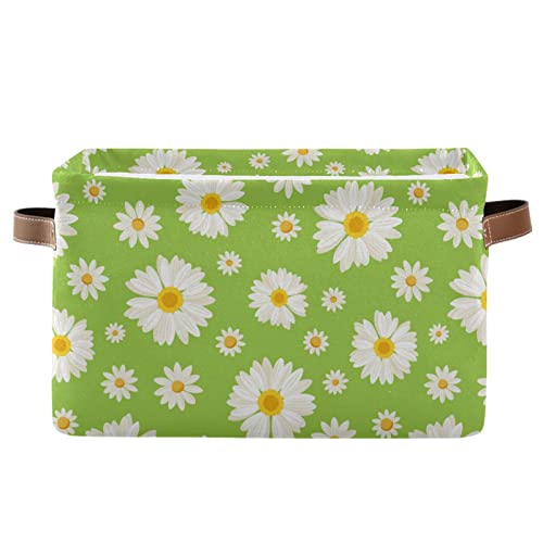 xigua Green Daisy Flowers Square Storage Basket,Collapsible Sturdy Fabric Storage Basket Cube W/Handles for Clothes Toy Closet(2 pcs)