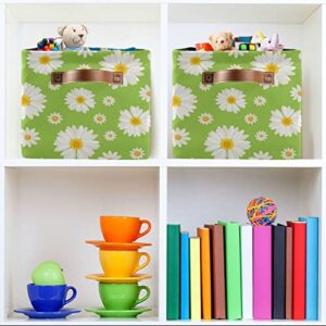 xigua Green Daisy Flowers Square Storage Basket,Collapsible Sturdy Fabric Storage Basket Cube W/Handles for Clothes Toy Closet(2 pcs)