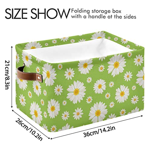 xigua Green Daisy Flowers Square Storage Basket,Collapsible Sturdy Fabric Storage Basket Cube W/Handles for Clothes Toy Closet(2 pcs)