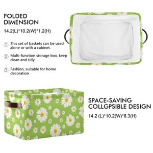 xigua Green Daisy Flowers Square Storage Basket,Collapsible Sturdy Fabric Storage Basket Cube W/Handles for Clothes Toy Closet(2 pcs)