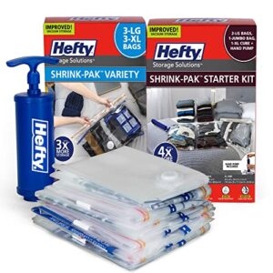 hefty super starter kit 5l, 3xl, 1xl cube, and 1 jumbo bag, reusable and water resistant vacuum storage bags, total of 10 bags + hand pump