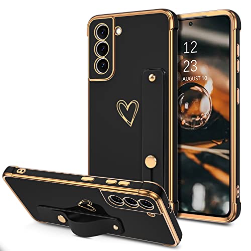 Telaso Samsung Galaxy S21 Case, Galaxy S21 Phone Case Love Heart Cute Case with Wristband Kickstand Holder Soft TPU Plating Bumper Protective Slim Shockproof Phone Case Cover for Girls Women, Black