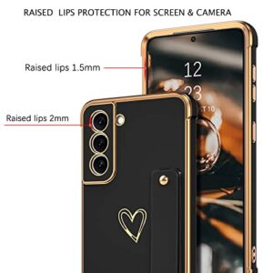 Telaso Samsung Galaxy S21 Case, Galaxy S21 Phone Case Love Heart Cute Case with Wristband Kickstand Holder Soft TPU Plating Bumper Protective Slim Shockproof Phone Case Cover for Girls Women, Black