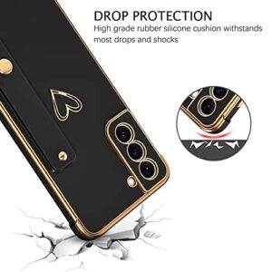 Telaso Samsung Galaxy S21 Case, Galaxy S21 Phone Case Love Heart Cute Case with Wristband Kickstand Holder Soft TPU Plating Bumper Protective Slim Shockproof Phone Case Cover for Girls Women, Black