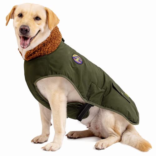 IREENUO Dog Coat, Waterproof Dog Jacket for Medium Large Dogs, Cozy Lining Coat Dog Outdoor Clothes with Furry Collar Warm Dog Bomber Jacket (Green, S)