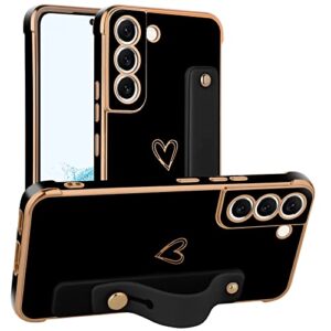 aigomara compatible with samsung galaxy s22 plus case with finger strap luxury cute heart plating phone case full body protective kickstand cover for galaxy s22 plus 5g 2022 women girly - black