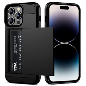 vofolen for iphone 14 pro max case wallet credit card holder id slot sliding door hidden pocket men anti-scratch dual layer hybrid bumper armor protective shell back cover for 6.7 inch black