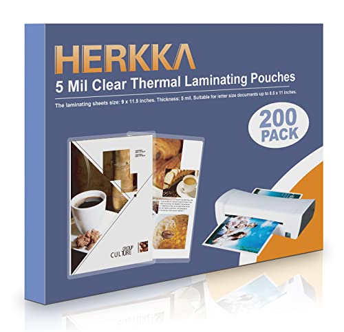 HERKKA 200 Pack Laminating Sheets, Holds 8.5 x 11 Inch Sheets, 5 Mil Clear Thermal Laminating Pouches 9 x 11.5 Inch Lamination Sheet Paper for Laminator, Round Corner Letter Size