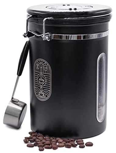 ALPACA VENTURES Stainless Steel Coffee Canister - Airtight Kitchen Food Storage Container with Date Tracker, CO2-Release Valve and Measuring Scoop For Ground Coffee, Beans, Tea, Sugar, Large (Black)