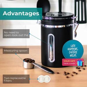 ALPACA VENTURES Stainless Steel Coffee Canister - Airtight Kitchen Food Storage Container with Date Tracker, CO2-Release Valve and Measuring Scoop For Ground Coffee, Beans, Tea, Sugar, Large (Black)