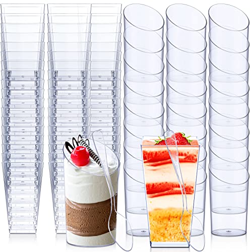 Nuogo Mini Plastic Dessert Cups with Spoons Include 3 Oz Square Appetizer 2.5 Slanted Round Parfait Mousse Ice Cream Bar Supplies Small Clear Bowls for Party Wedding (100 Pcs)