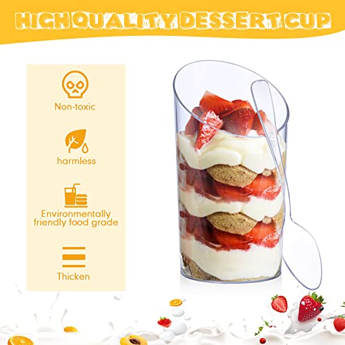 Nuogo Mini Plastic Dessert Cups with Spoons Include 3 Oz Square Appetizer 2.5 Slanted Round Parfait Mousse Ice Cream Bar Supplies Small Clear Bowls for Party Wedding (100 Pcs)