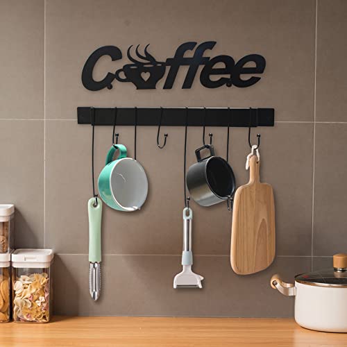 Coffee Mug Holder Wall Mount with 8 Hooks for Cup Organizer and with Extra Metal Coffee Sign for Decor Your Wall Home, Kitchen, Coffee Bar, 2 in 1 Meet Your Need