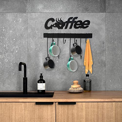 Coffee Mug Holder Wall Mount with 8 Hooks for Cup Organizer and with Extra Metal Coffee Sign for Decor Your Wall Home, Kitchen, Coffee Bar, 2 in 1 Meet Your Need