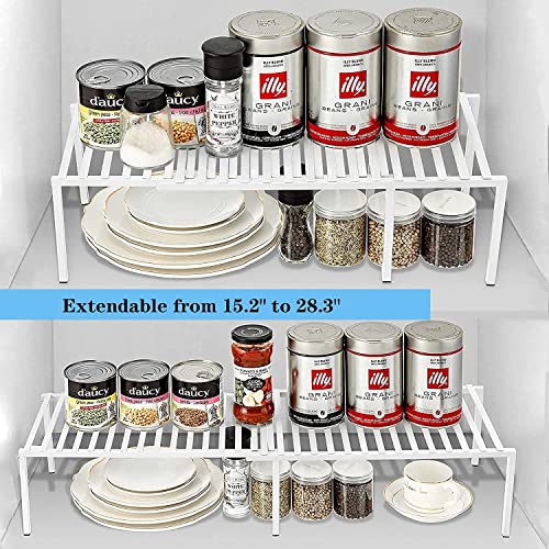 Redrubbit Expandable Cabinet Storage Shelf Rack - Kitchen Counter and Cabinet Shelf - Steel Metal Wire - Cupboard, Plate, Dish, Counter & Pantry Organization - White