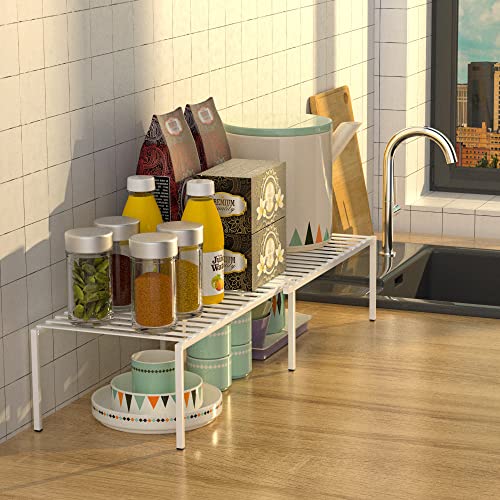 Redrubbit Expandable Cabinet Storage Shelf Rack - Kitchen Counter and Cabinet Shelf - Steel Metal Wire - Cupboard, Plate, Dish, Counter & Pantry Organization - White