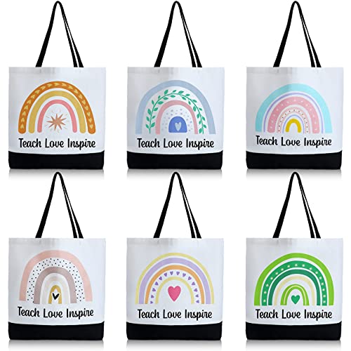 Oudain 6 Pack Teacher Appreciation Gifts Canvas Totes Bag Reusable Teacher Gift Bag for Women Back to School Supplies, Rainbow Style