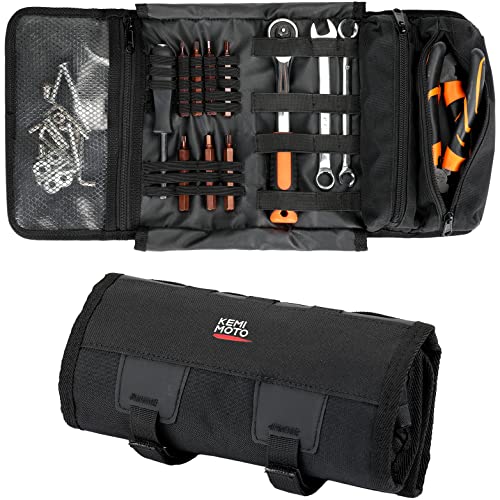 KEMIMOTO Motorcycle Tool Bag [Tool Not Included], Handlebar Tool Roll Black Tool Organizer with Elastic Loops Pockets Durable Tool Pouch for Motorcycles Softail Dyna Sportster