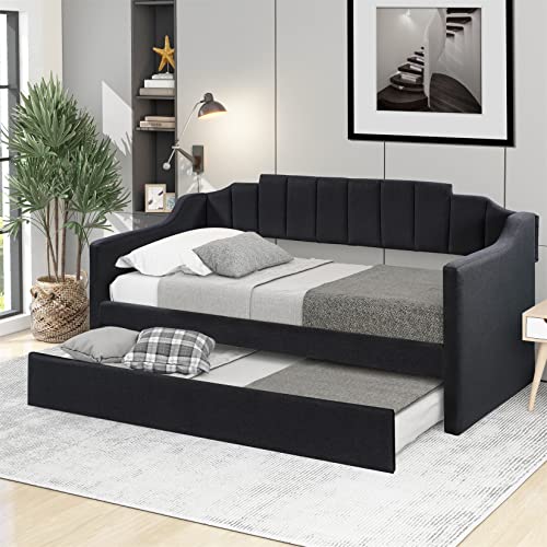 Twin Upholstered Daybed with Trundle Modern Sofa Bed Wooden Day Bed Frame for Living Room Bedroom Guest Room, Twin Size, Black