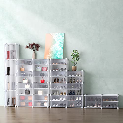 UNZIPE Shoe Rack, 8 Cube 16-Tier Shoe Storage Cabinet 32 Pairs Plastic Freestanding Shoe Organizer DIY Shoe Shelves for Entryway Hallway Closet or Bedroom, White