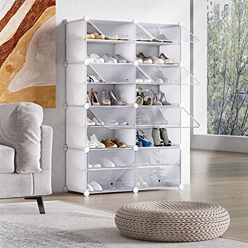 UNZIPE Shoe Rack, 8 Cube 16-Tier Shoe Storage Cabinet 32 Pairs Plastic Freestanding Shoe Organizer DIY Shoe Shelves for Entryway Hallway Closet or Bedroom, White