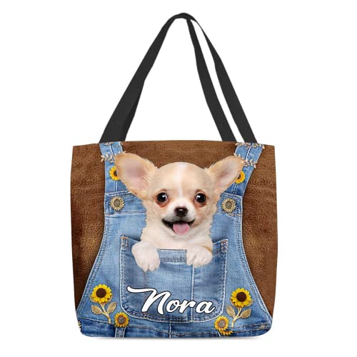 IZI POD Personalized Chihuahua with Sunflower Tote Bag - Custom Tote Bags with Name, Gift for Dog Mom, Women Bag Shoulder, Canvas Tote Grocery, Gift for Dog Lover, Girl Shopping Handbag