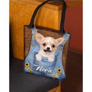 IZI POD Personalized Chihuahua with Sunflower Tote Bag - Custom Tote Bags with Name, Gift for Dog Mom, Women Bag Shoulder, Canvas Tote Grocery, Gift for Dog Lover, Girl Shopping Handbag