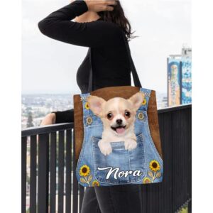 IZI POD Personalized Chihuahua with Sunflower Tote Bag - Custom Tote Bags with Name, Gift for Dog Mom, Women Bag Shoulder, Canvas Tote Grocery, Gift for Dog Lover, Girl Shopping Handbag