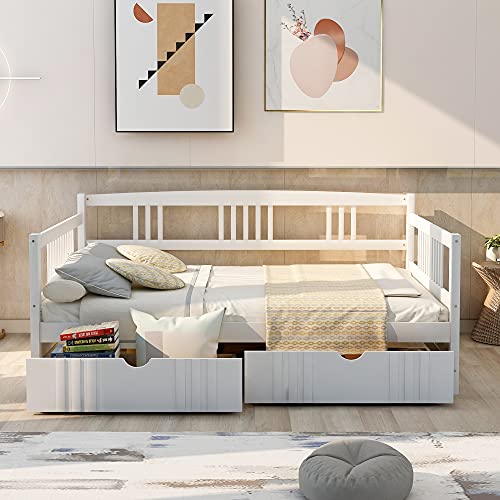 HYC Wood Full Size Daybed with Drawers Storage, Teens Adults Dual Use Sofa Bed for Bedroom, White