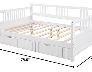 HYC Wood Full Size Daybed with Drawers Storage, Teens Adults Dual Use Sofa Bed for Bedroom, White