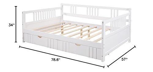 HYC Wood Full Size Daybed with Drawers Storage, Teens Adults Dual Use Sofa Bed for Bedroom, White