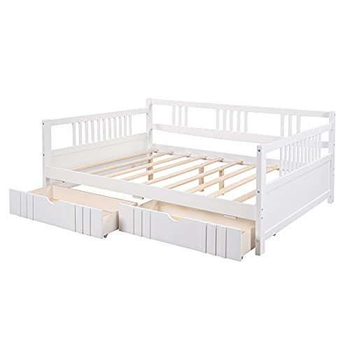 HYC Wood Full Size Daybed with Drawers Storage, Teens Adults Dual Use Sofa Bed for Bedroom, White